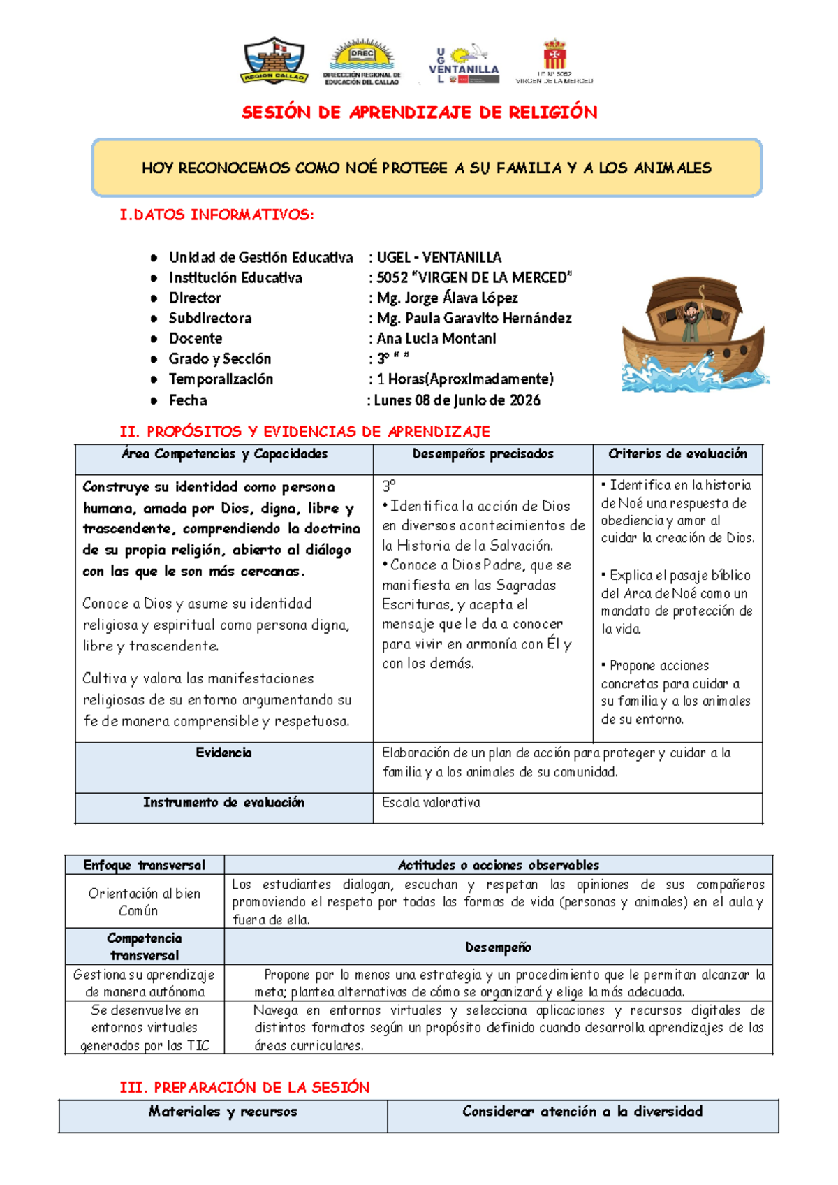 REL - SESIÓN DE APRENDIZAJE: Noé y la Protección Familiar y Animal ...