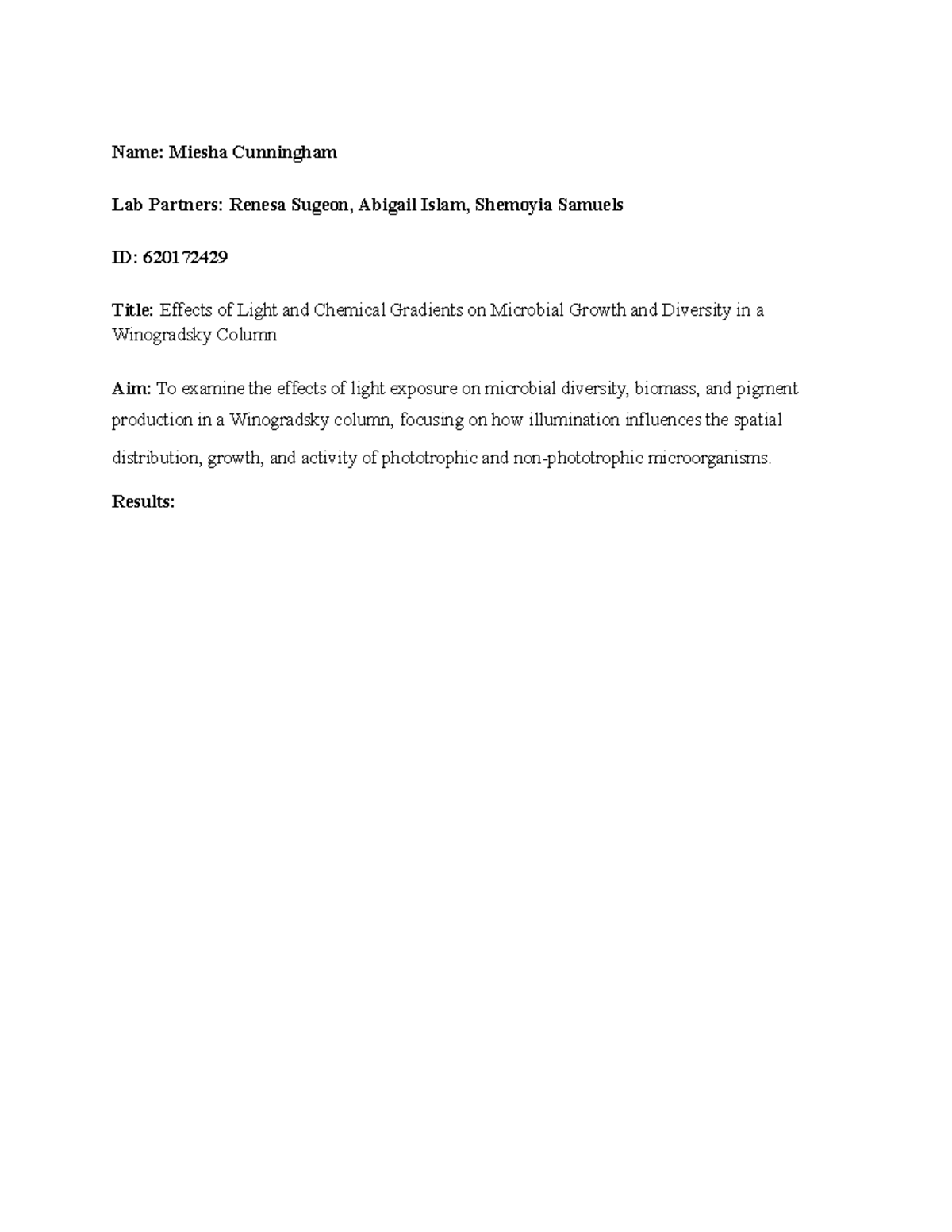 MICR2211: Effects of Light & Chemical Gradients on Microbial Growth ...