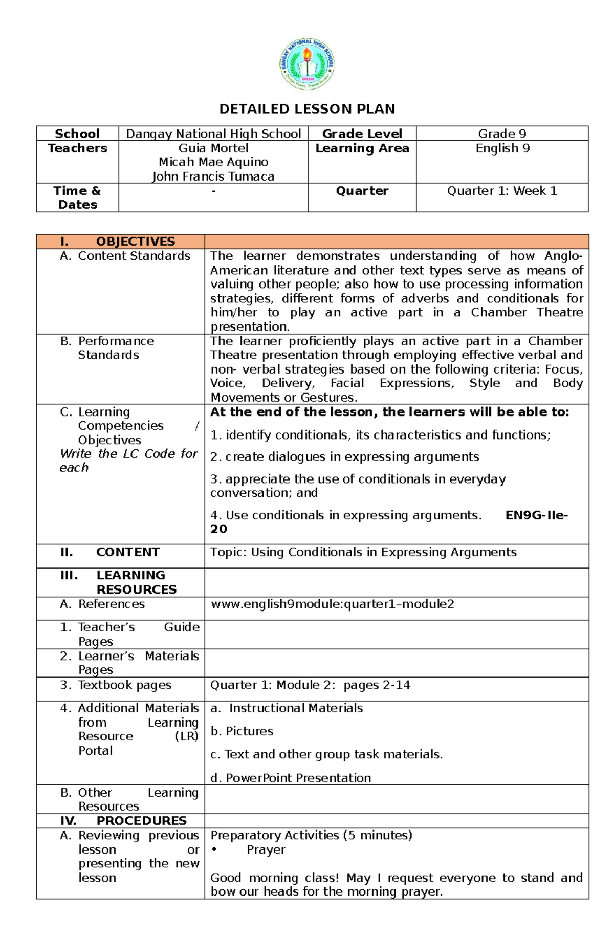 Using Conditionals in Argumentative Dialogues - EN9-Lesson Plan - Studocu