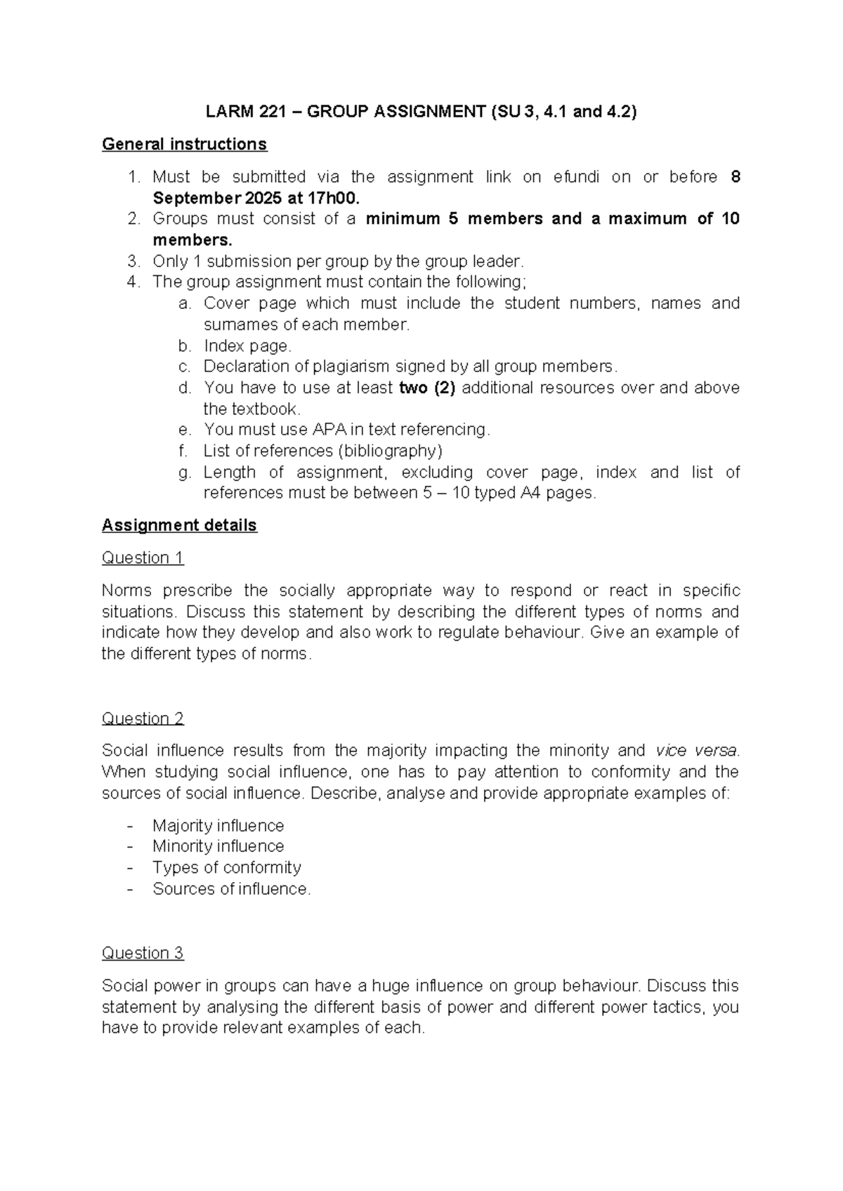 LARM 221 Group Assignment: Norms, Influence, and Power Analysis - Studocu