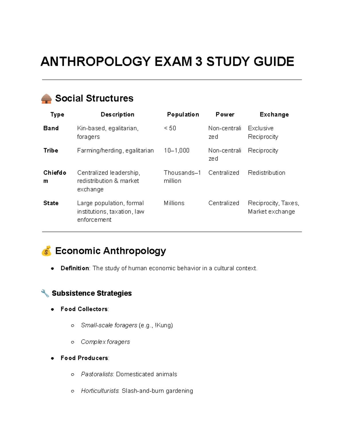 ANTHROPOLOGY 101: EXAM 3 STUDY GUIDE ON SOCIAL STRUCTURES AND ...
