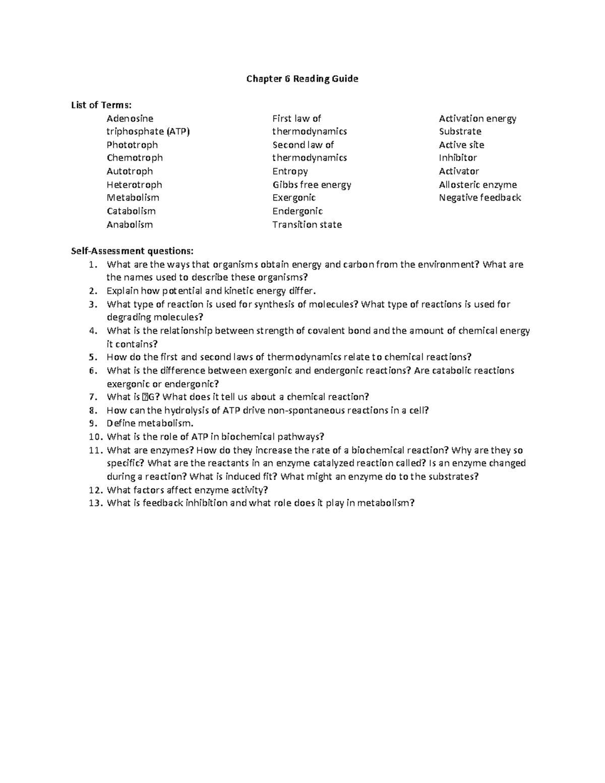 Chapter 6 Reading Guide: Energy, Metabolism & Enzyme Function - Studocu