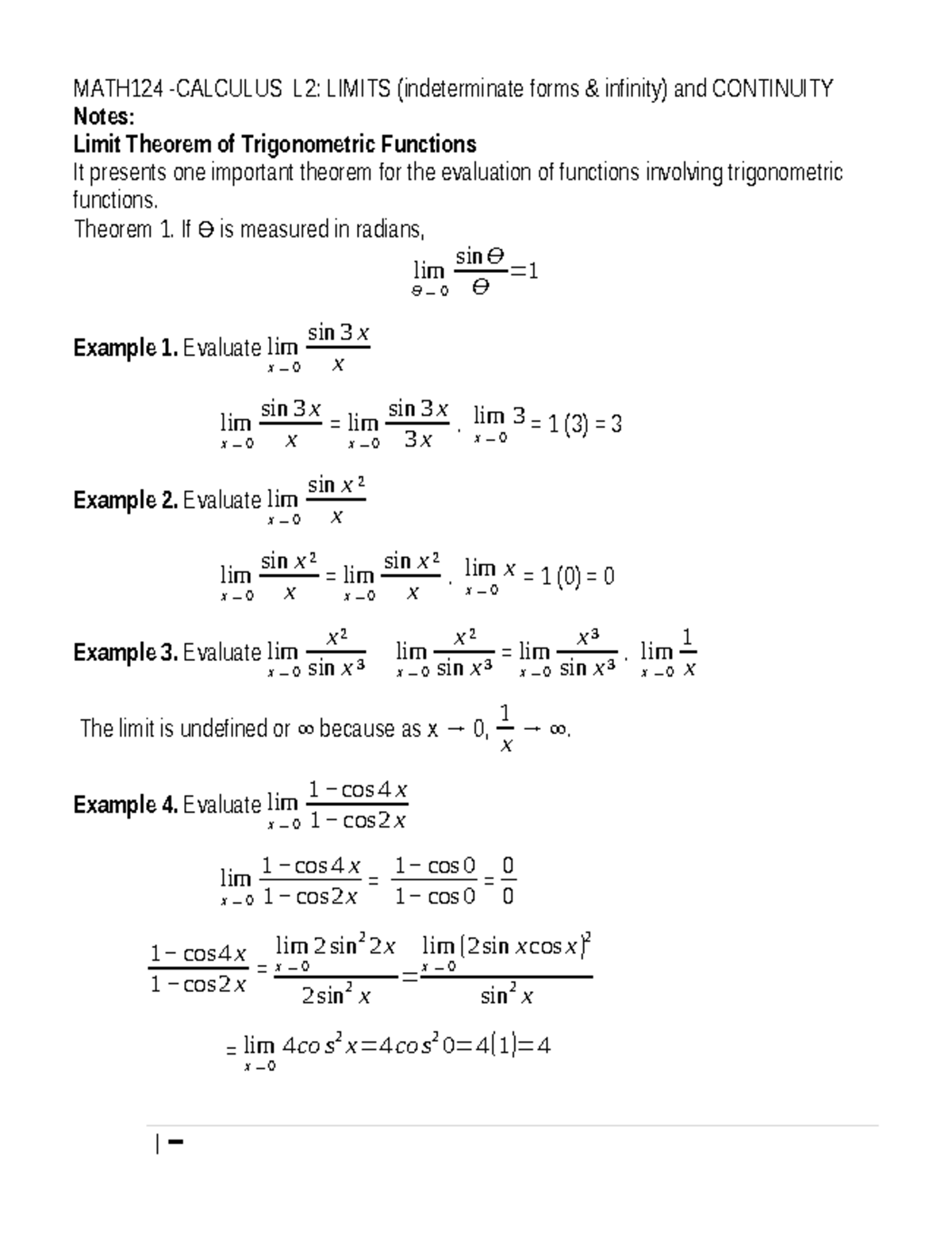 MATH124 L2: Limits, Continuity & Trigonometric Theorems Notes - Studocu