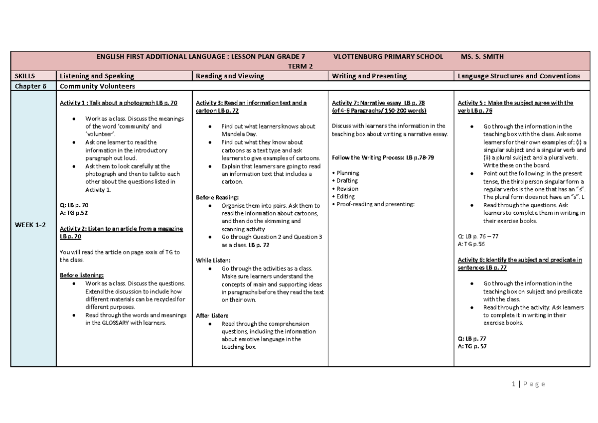 Grade 7 English FAL Term 2 Lesson Plan & Assessment Overview - Studocu