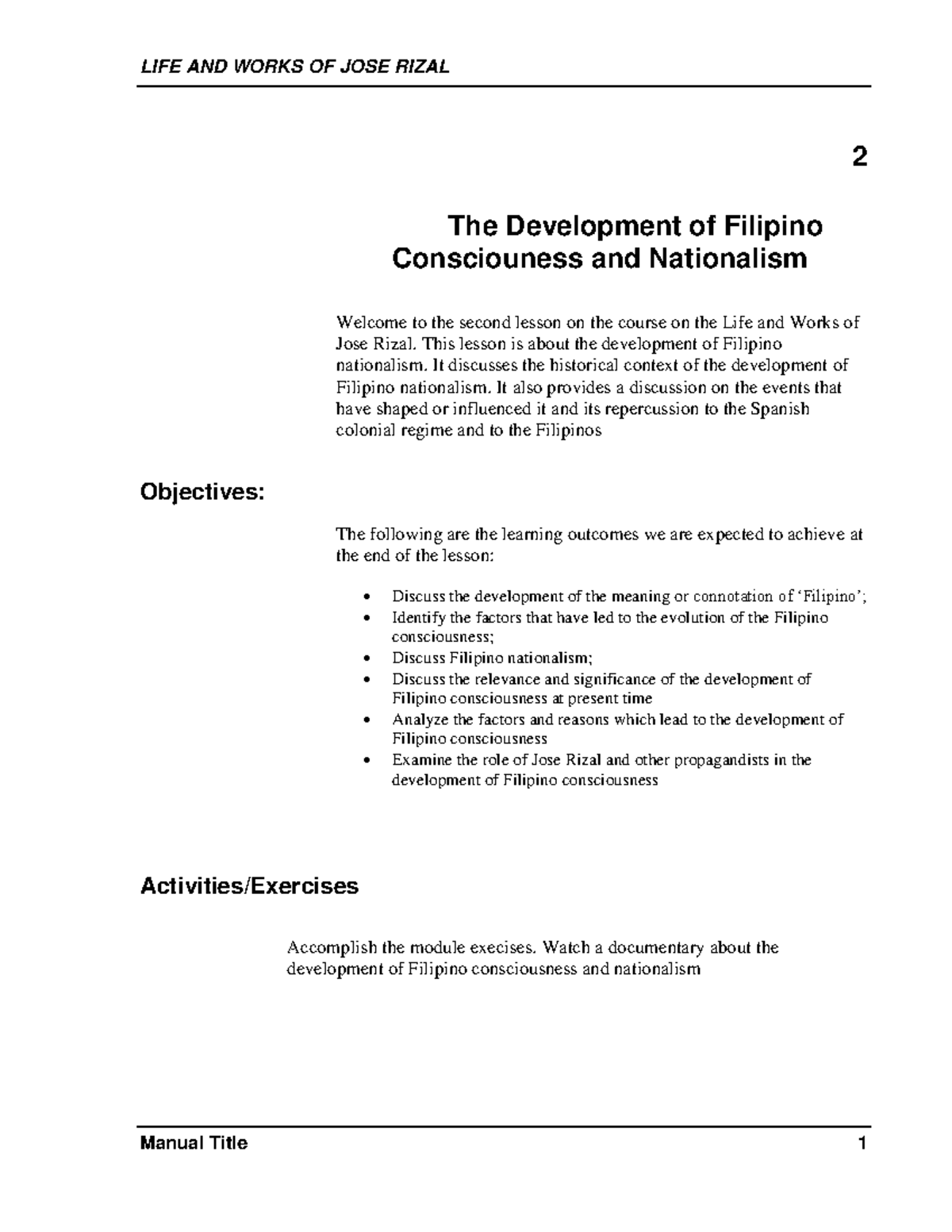 Lesson 2 Development Of Filipino Nationalism - LIFE AND WORKS OF JOSE RIZAL Manual Title 1 2 The ...