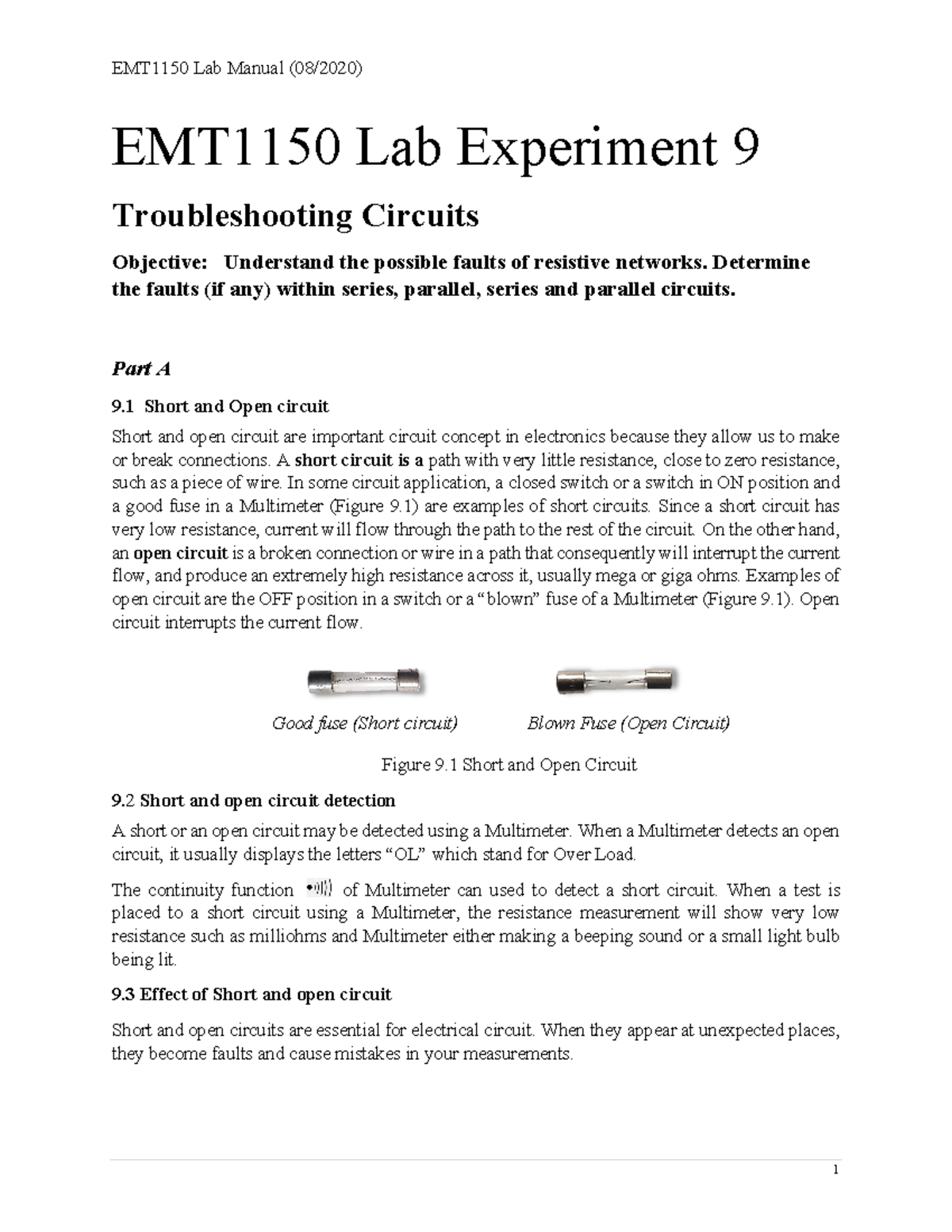 EMT1150 Lab9 - LAB TABLES - EMT1150 Lab Experiment 9 Troubleshooting Circuits Objective ...