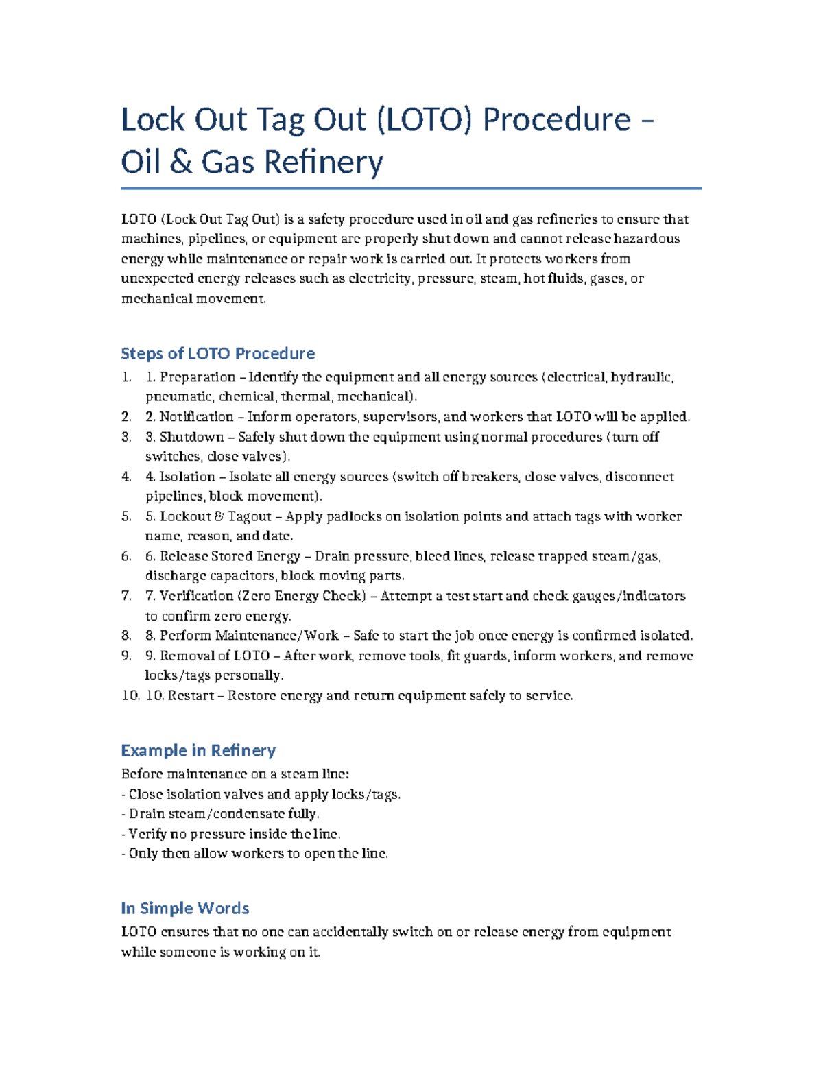 LOTO Procedure for Oil & Gas Refinery Safety Guidelines - Studocu
