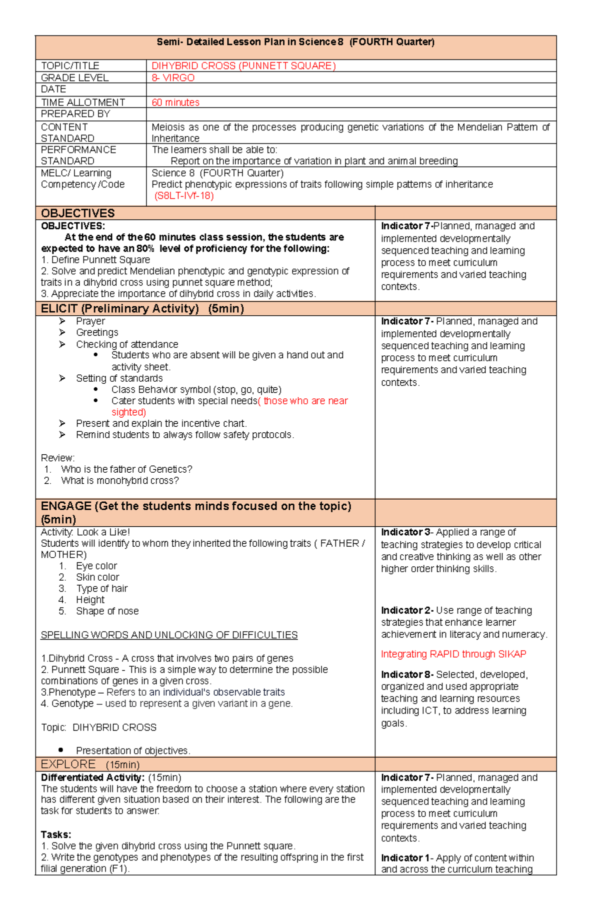Science 8 Lesson Plan: Dihybrid Cross & Punnett Square (4th Quarter ...