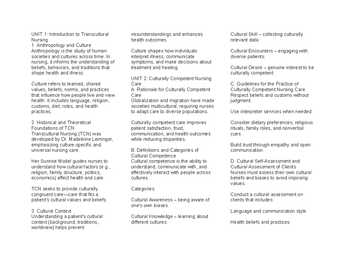 Transcultural Nursing Overview: Key Concepts and Foundations - Studocu