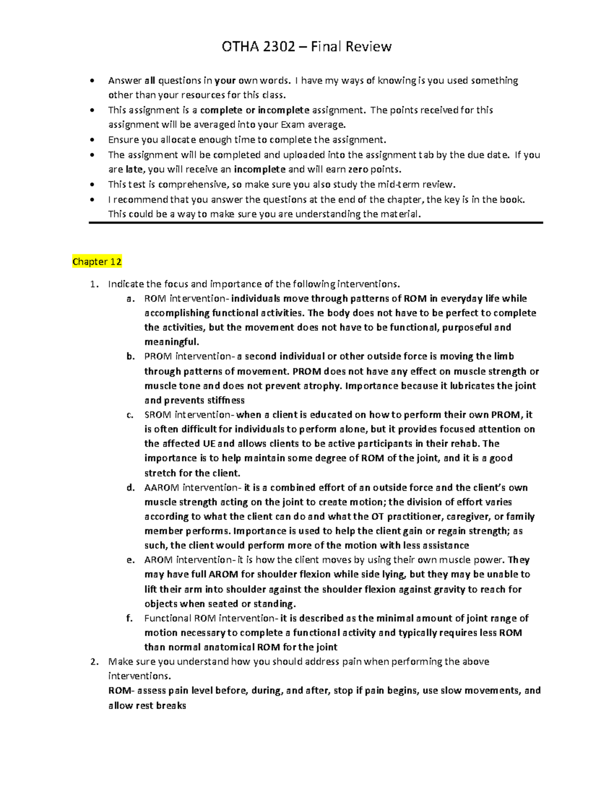 OTHA 2302 Final Review: Key Strategies for OT Interventions - Studocu
