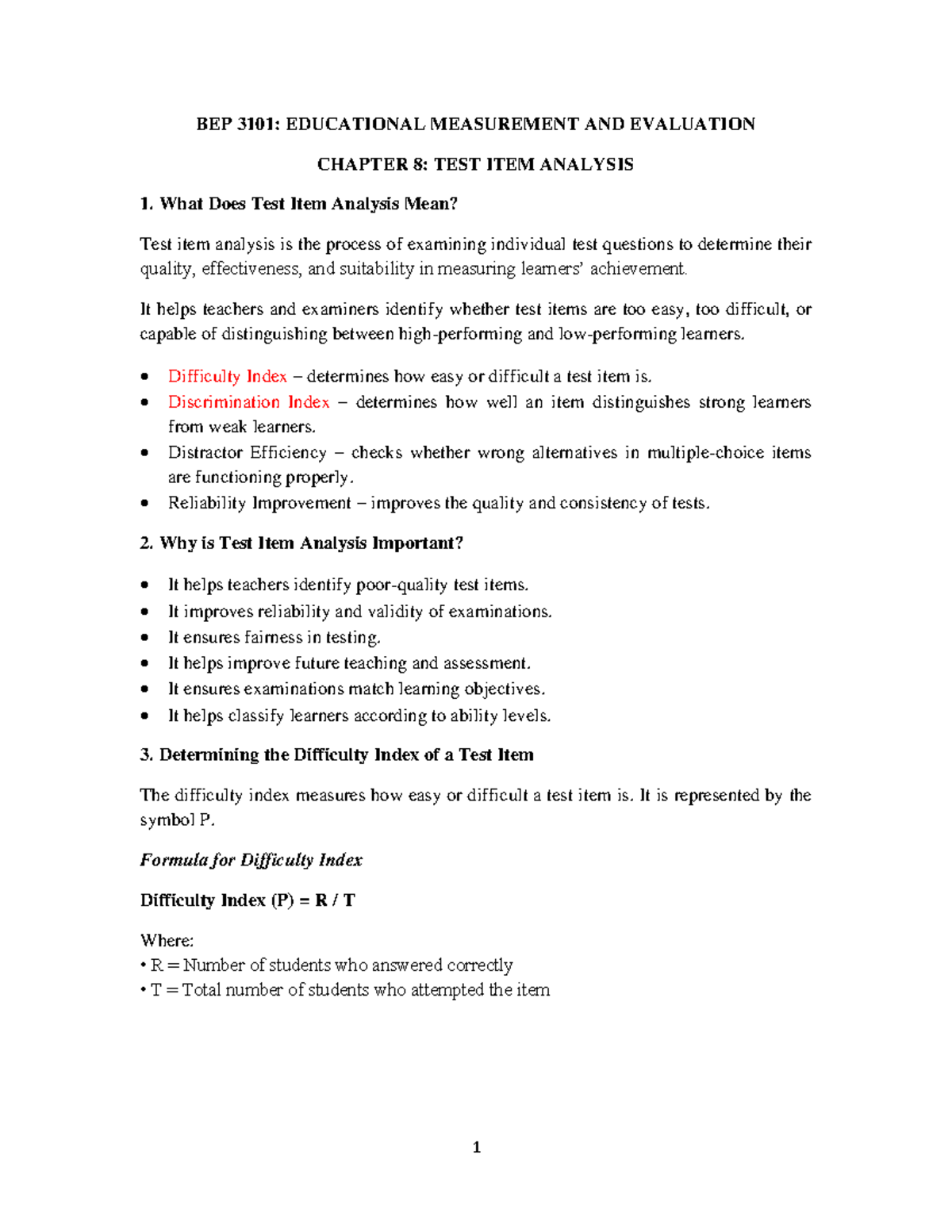 BEP 3101: Educational Measurement & Evaluation - Ch. 8 Test Item ...