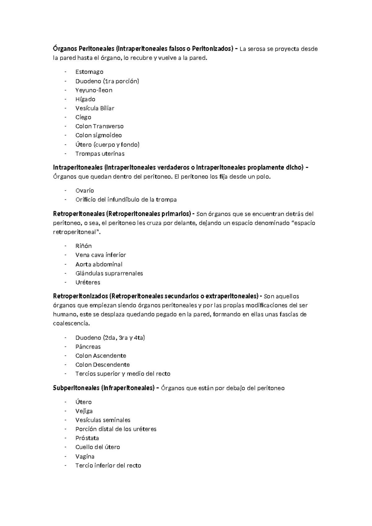 Órganos Peritoneales: Clasificación y Funciones - sjninsiundud - Studocu