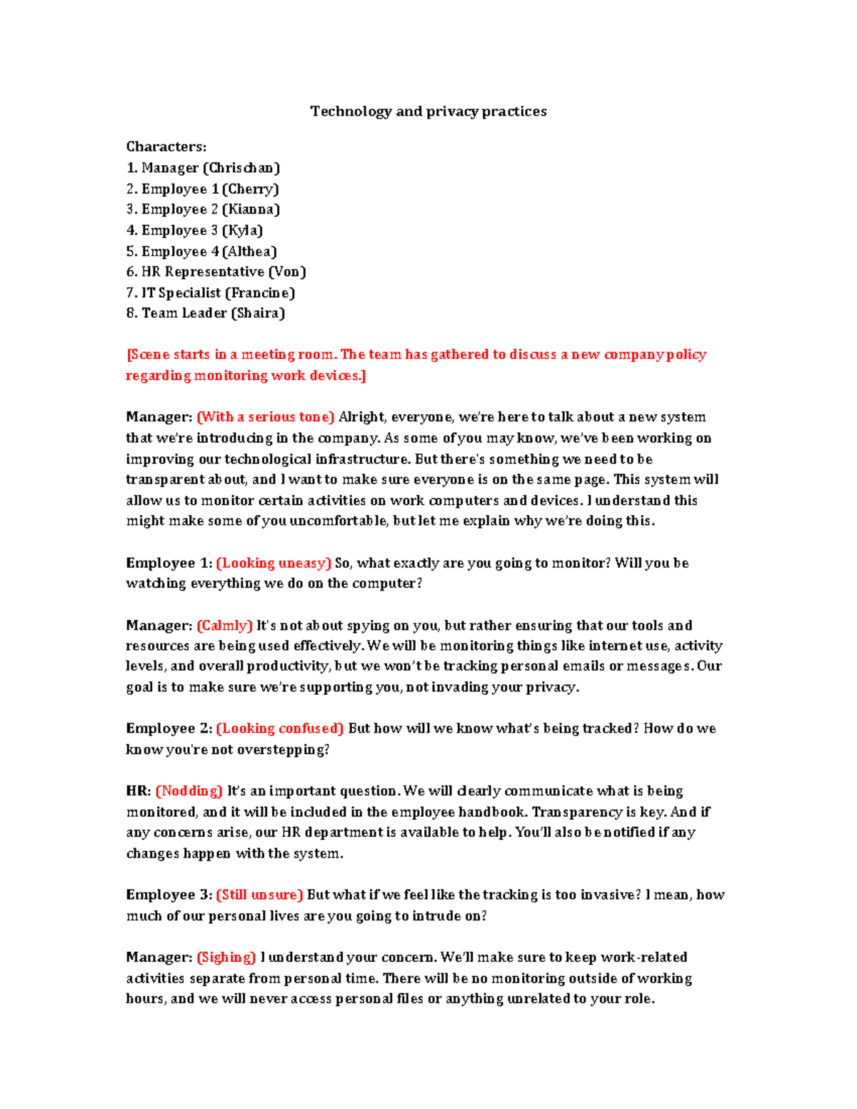 Ethical Dilemma Script - Technology and privacy practices Characters ...