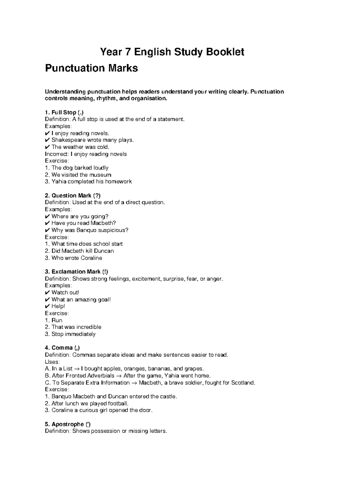Year 7 English Punctuation Study Booklet: Mastering Marks - Studocu