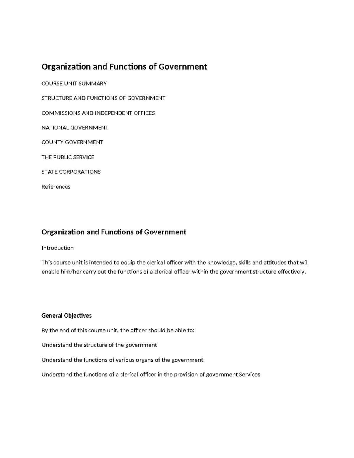 Organization and Functions of Government: Course Unit Summary (CIV 101 ...