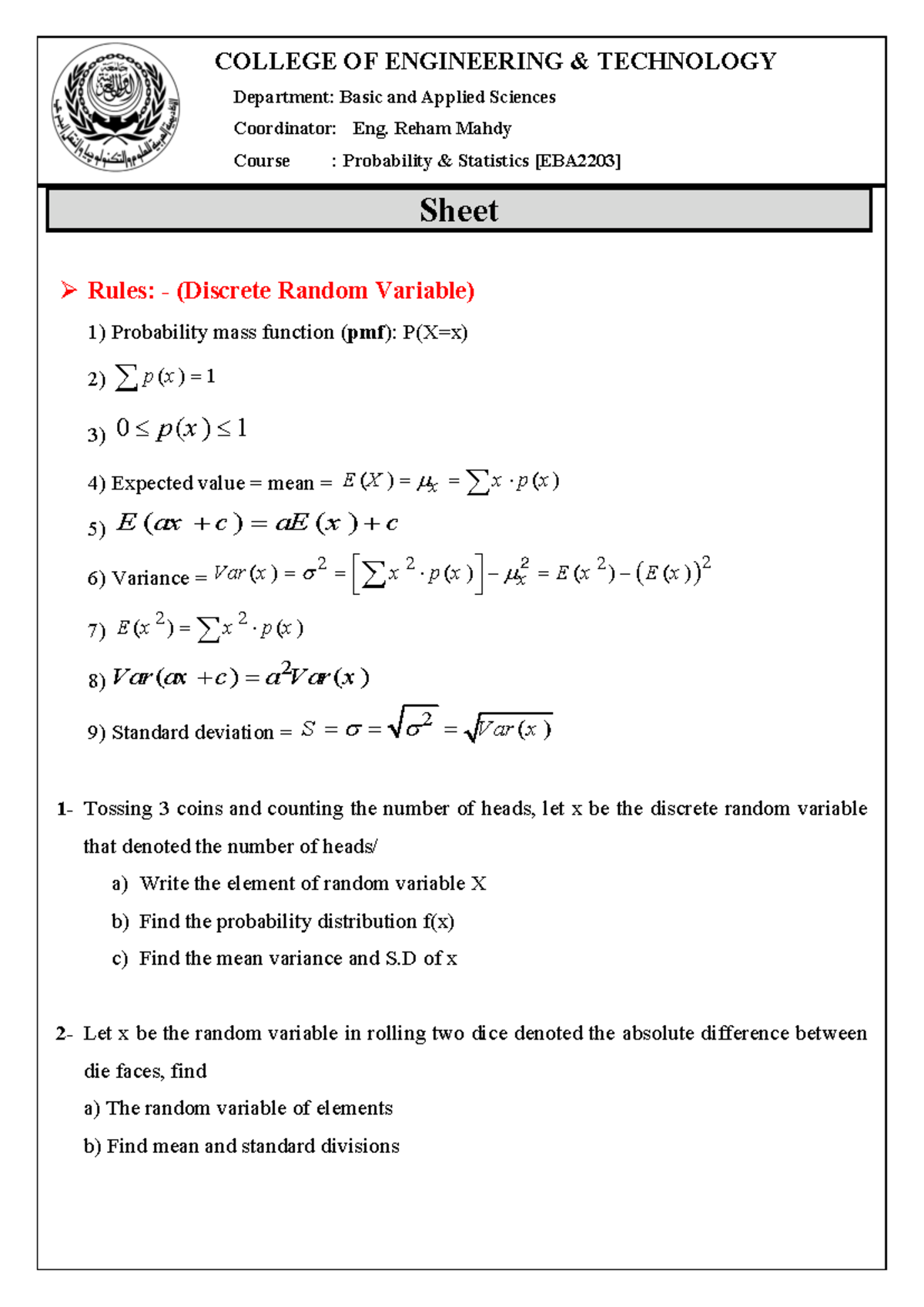 Probability Statistics Sheet 4: Discrete Random Variables - Studocu