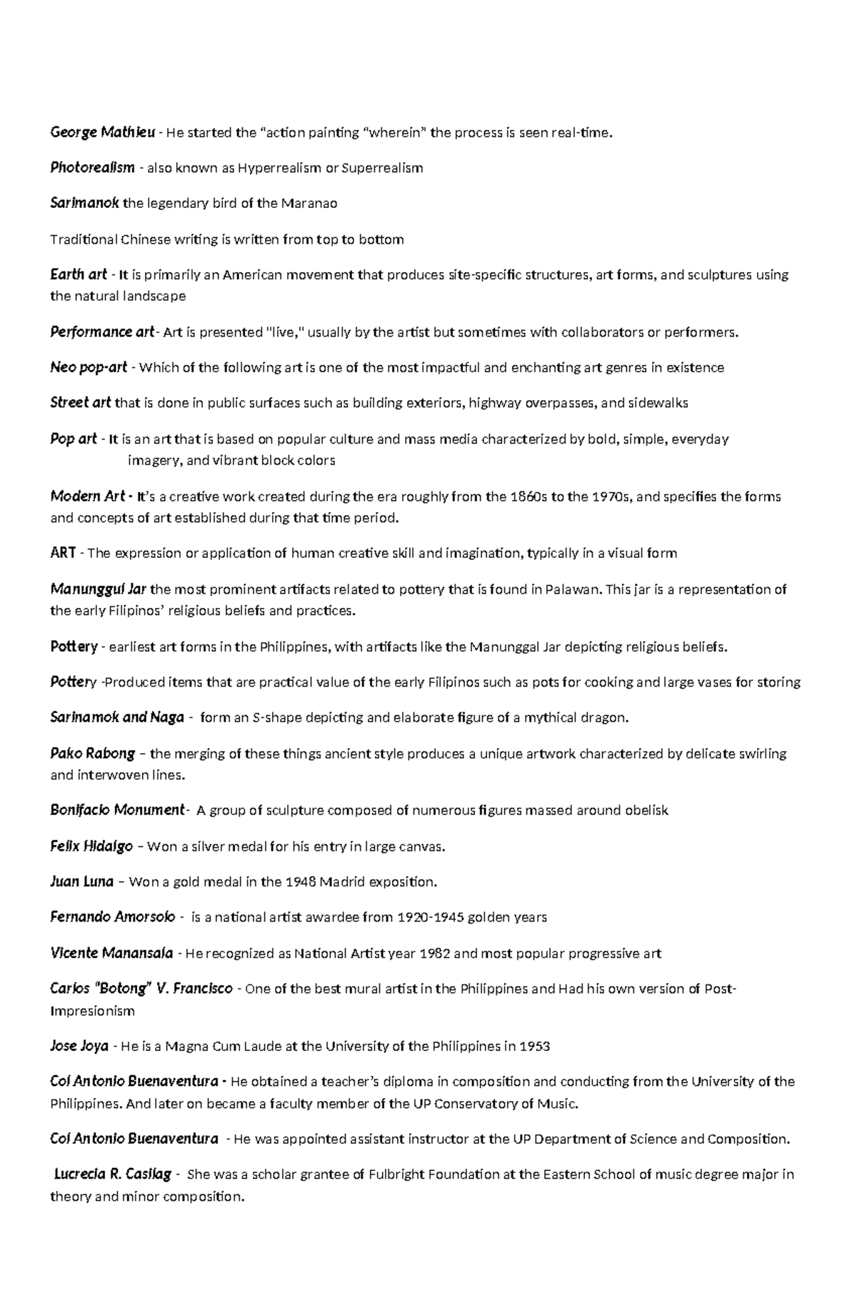 ARTA Handouts Finals Second SEM - George Mathieu - He started the “action painting “wherein” the ...