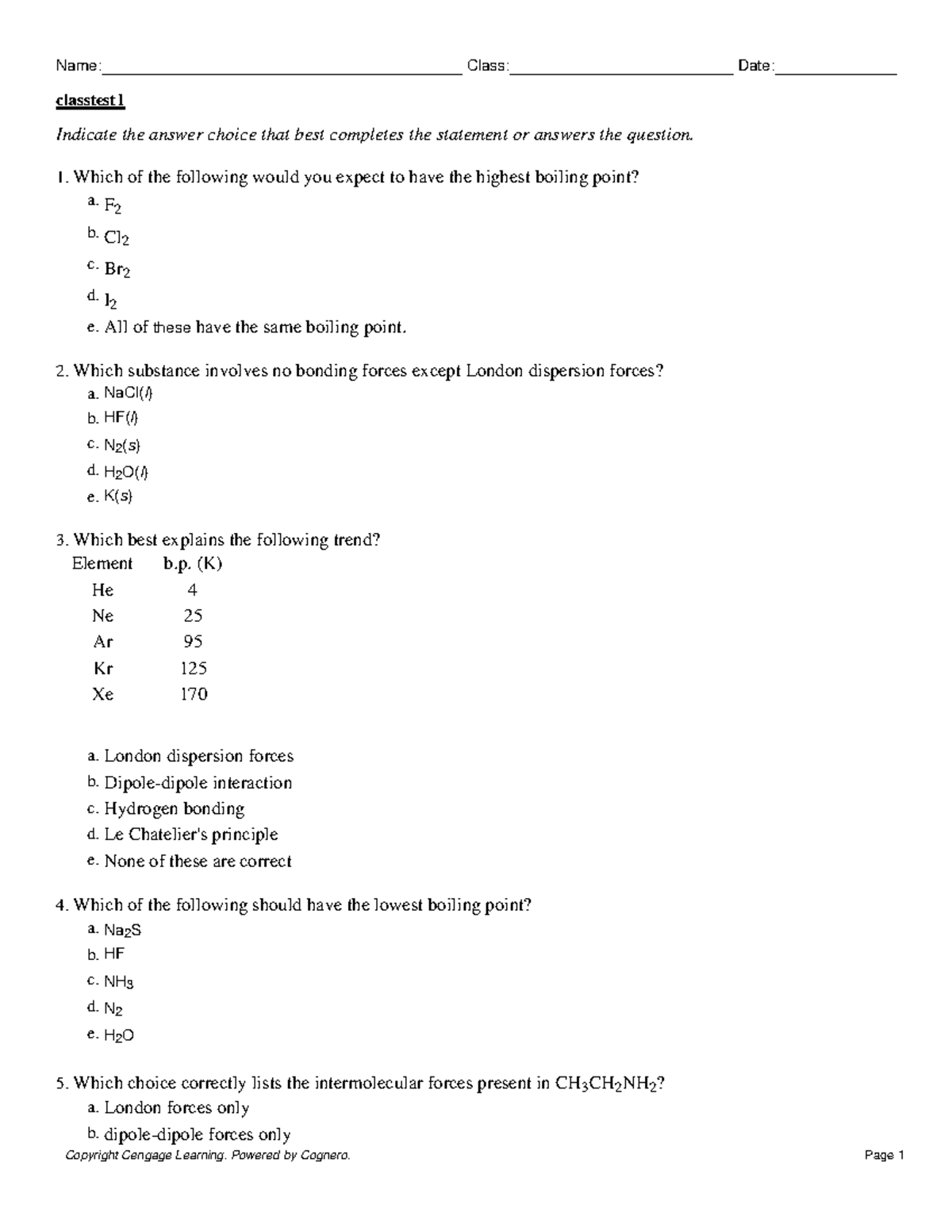 Chemistry Class Test 1: Intermolecular Forces & Solutions Concepts ...