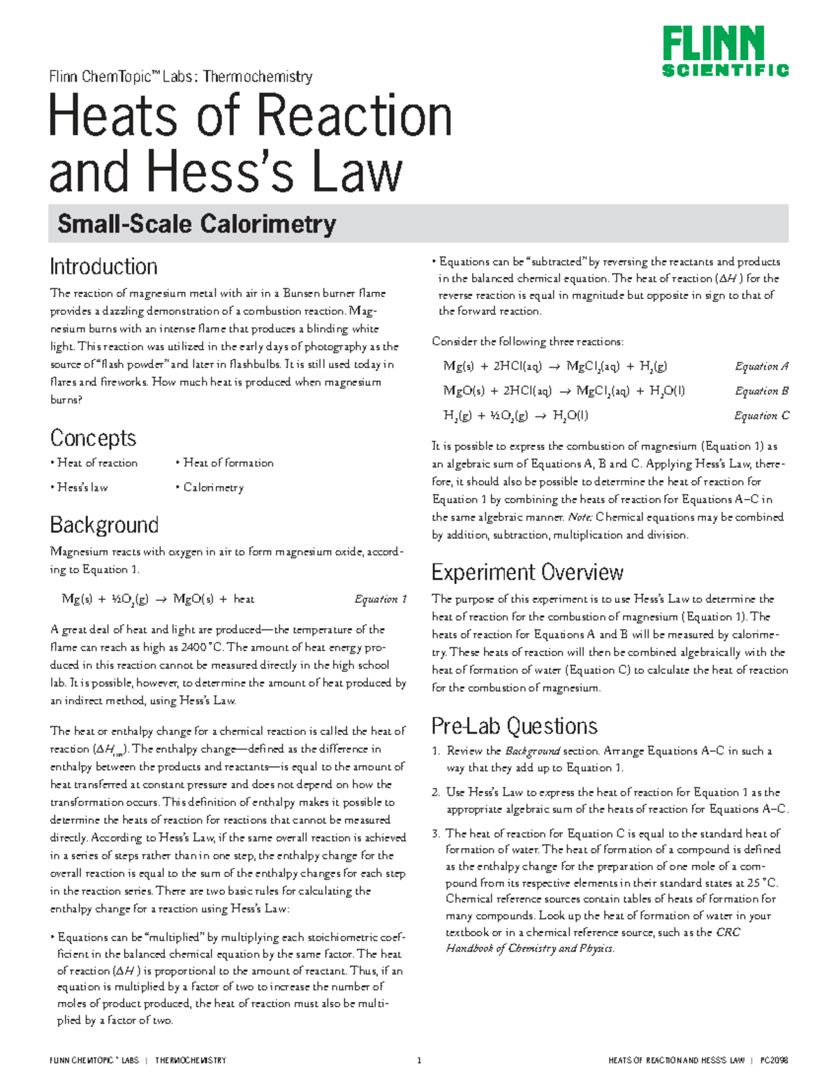 Heats of Reaction and Hess's Law: Small-Scale Calorimetry PC2098 - Studocu