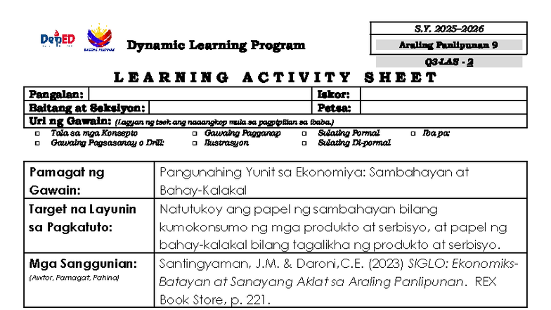 Q3 AP9 LAS2 Pangunahing Yunit sa Ekonomiya: Sambahayan at Bahay-Kalakal ...
