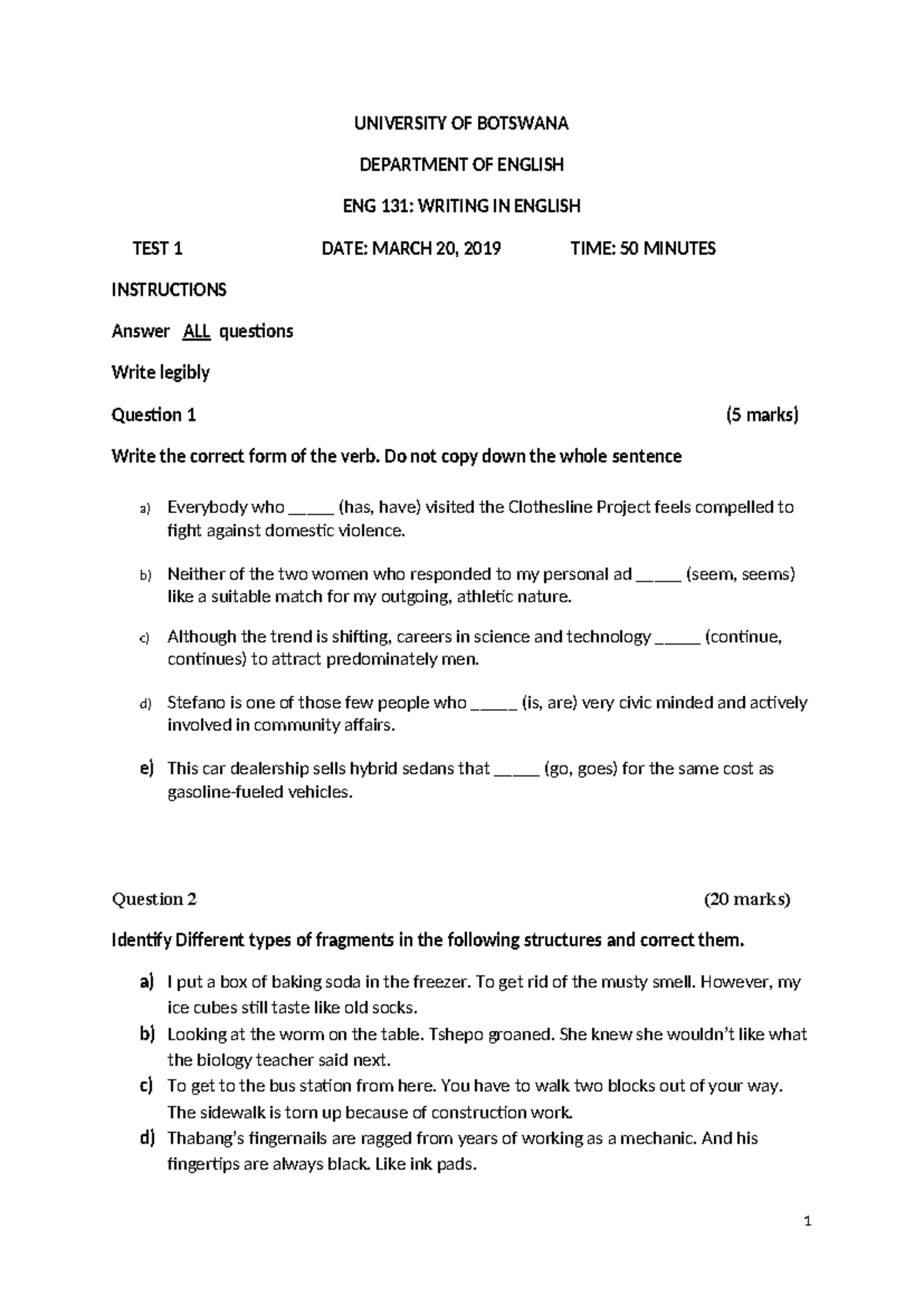 ENG 131: Writing in English Test 1 Revision - March 2025 - Studocu