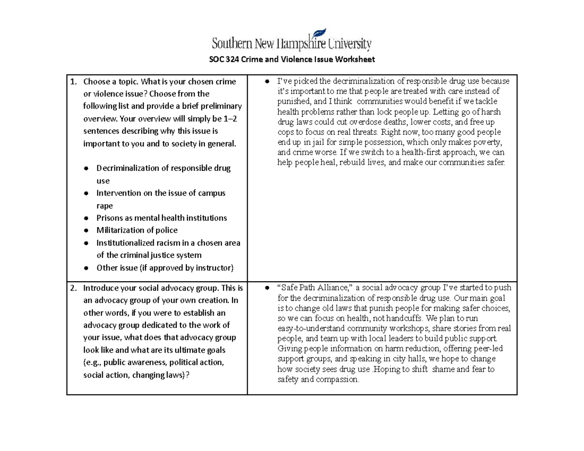 SOC 324 Final Exam: Decriminalization of Responsible Drug Use Advocacy ...