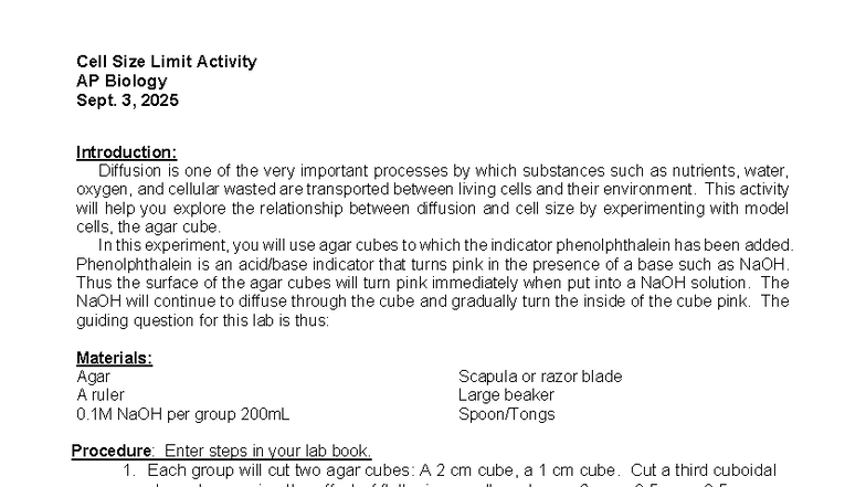 Agar Cube Diffusion Lab Activity - AP Biology - Studocu