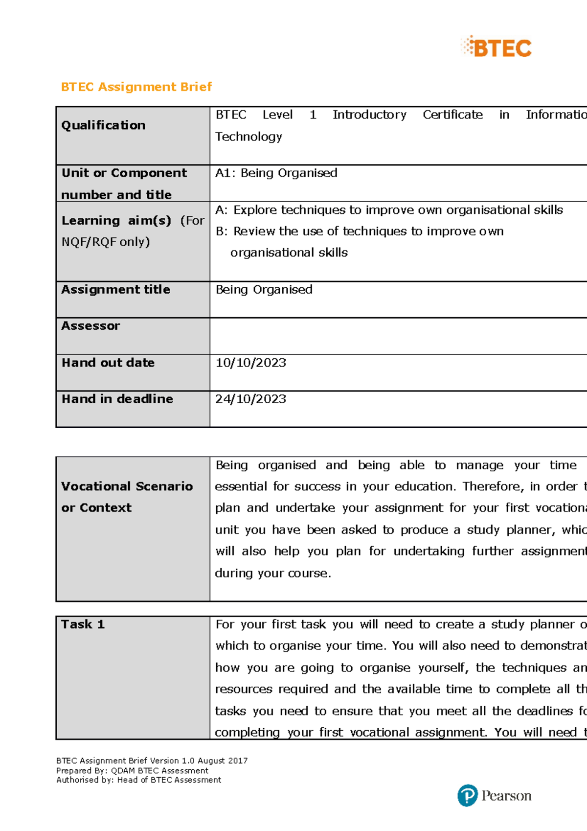 BTEC L1: A1 Being Organised Assignment Brief 2023-24 - Studocu