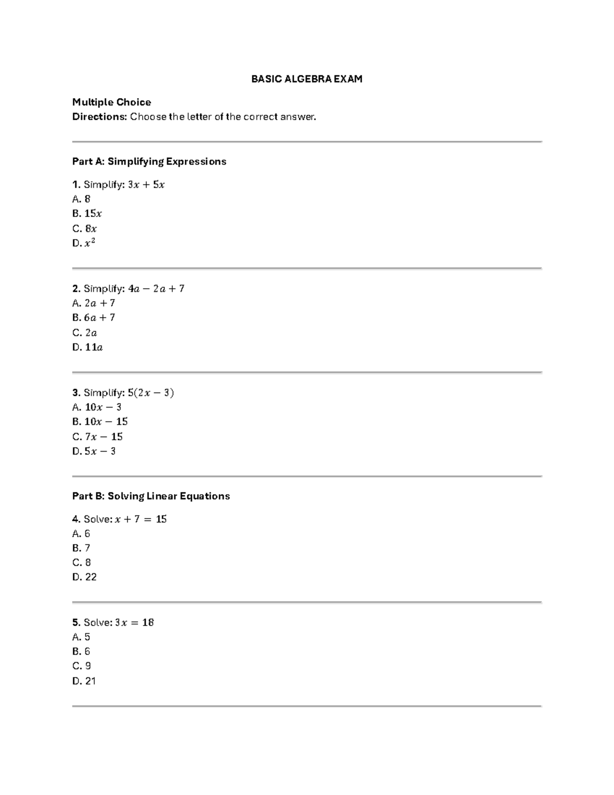 BASIC ALGEBRA EXAM: Multiple Choice Questions and Solutions - Studocu