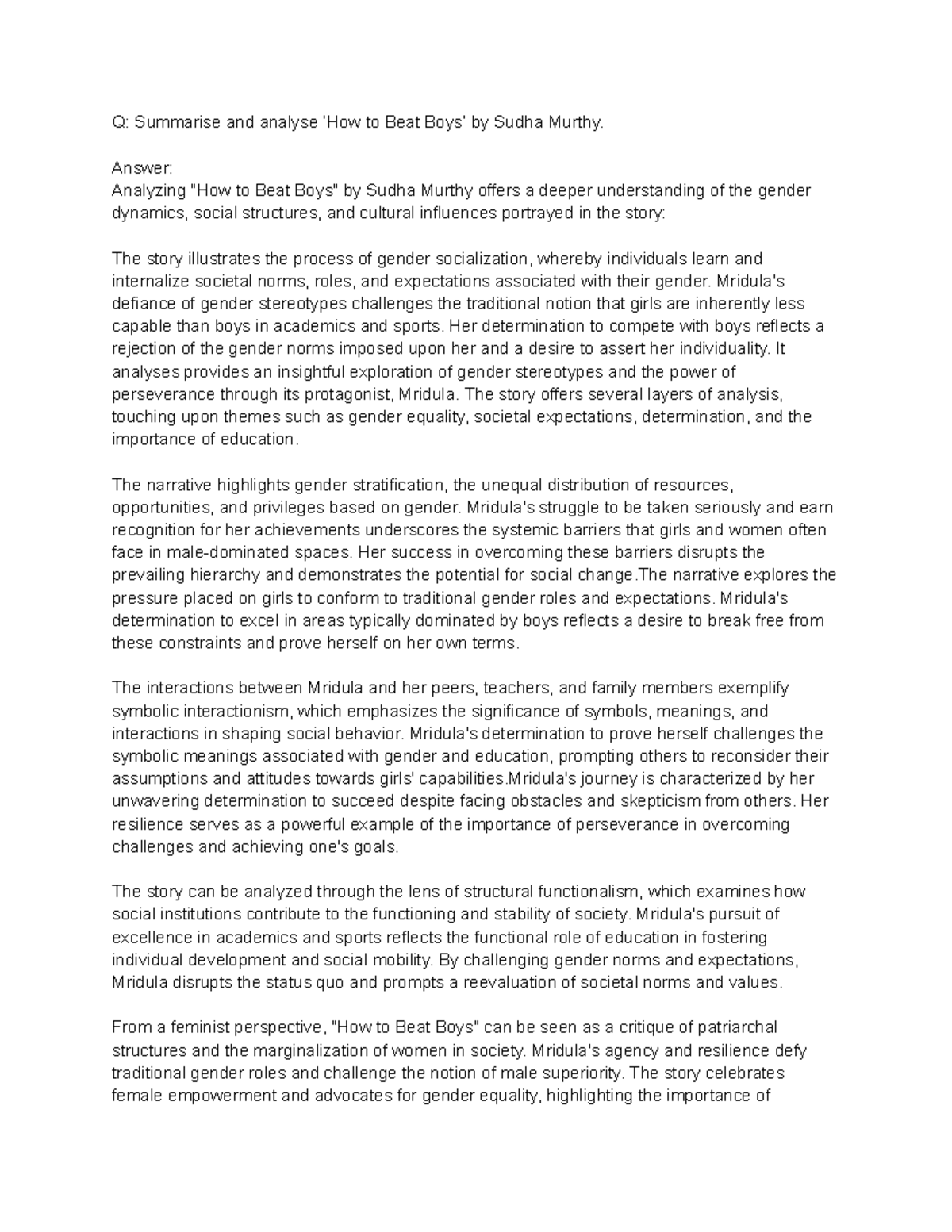 Analyzing Gender Dynamics in 'How to Beat Boys' by Sudha Murthy - Studocu