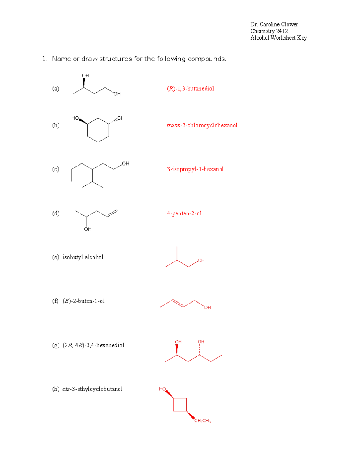 CHEM 332 Barton daj1 Alcohol worksheet key - Chemistry 2412 Alcohol ...