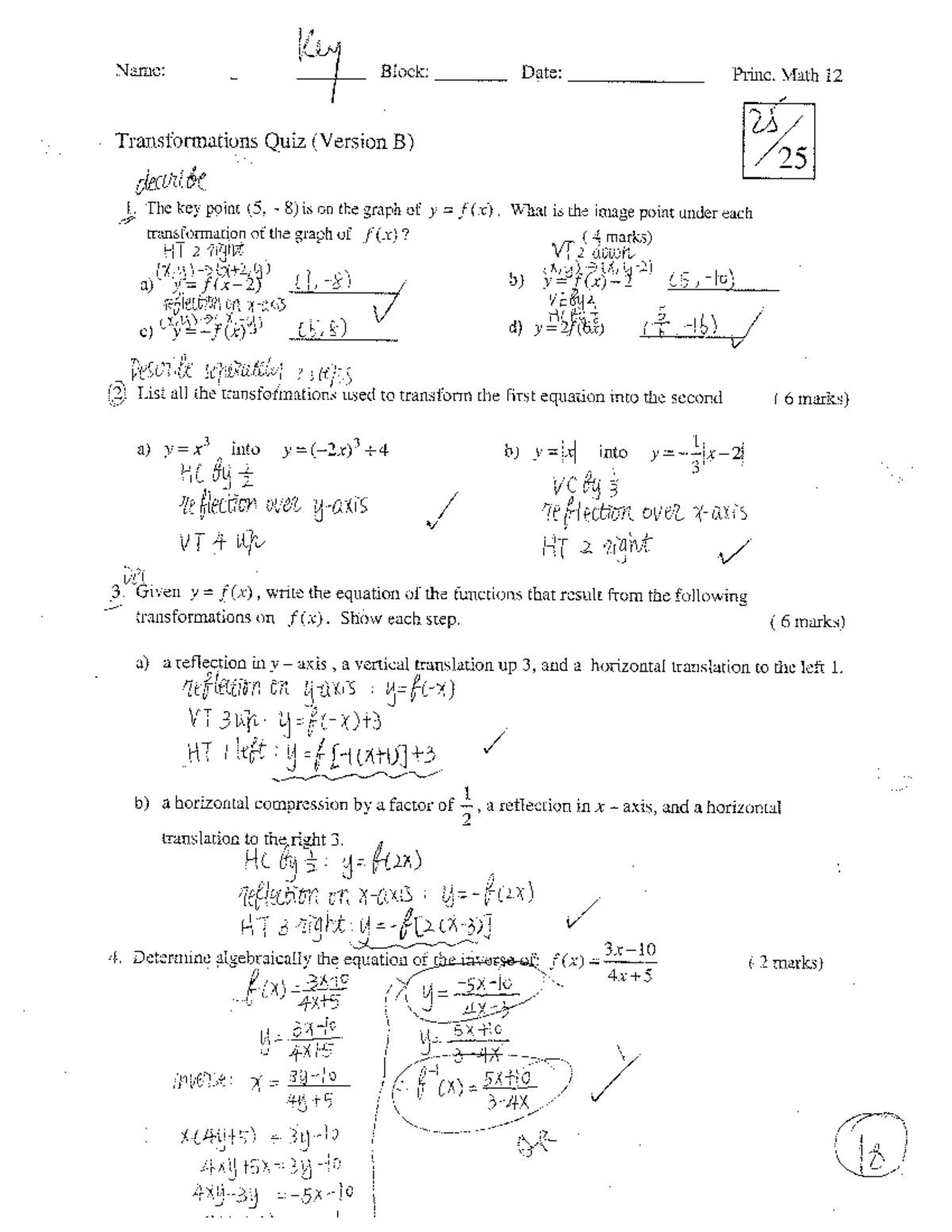 Princ. Math 12 2s Transformations Quiz (Version B) Key - Studocu