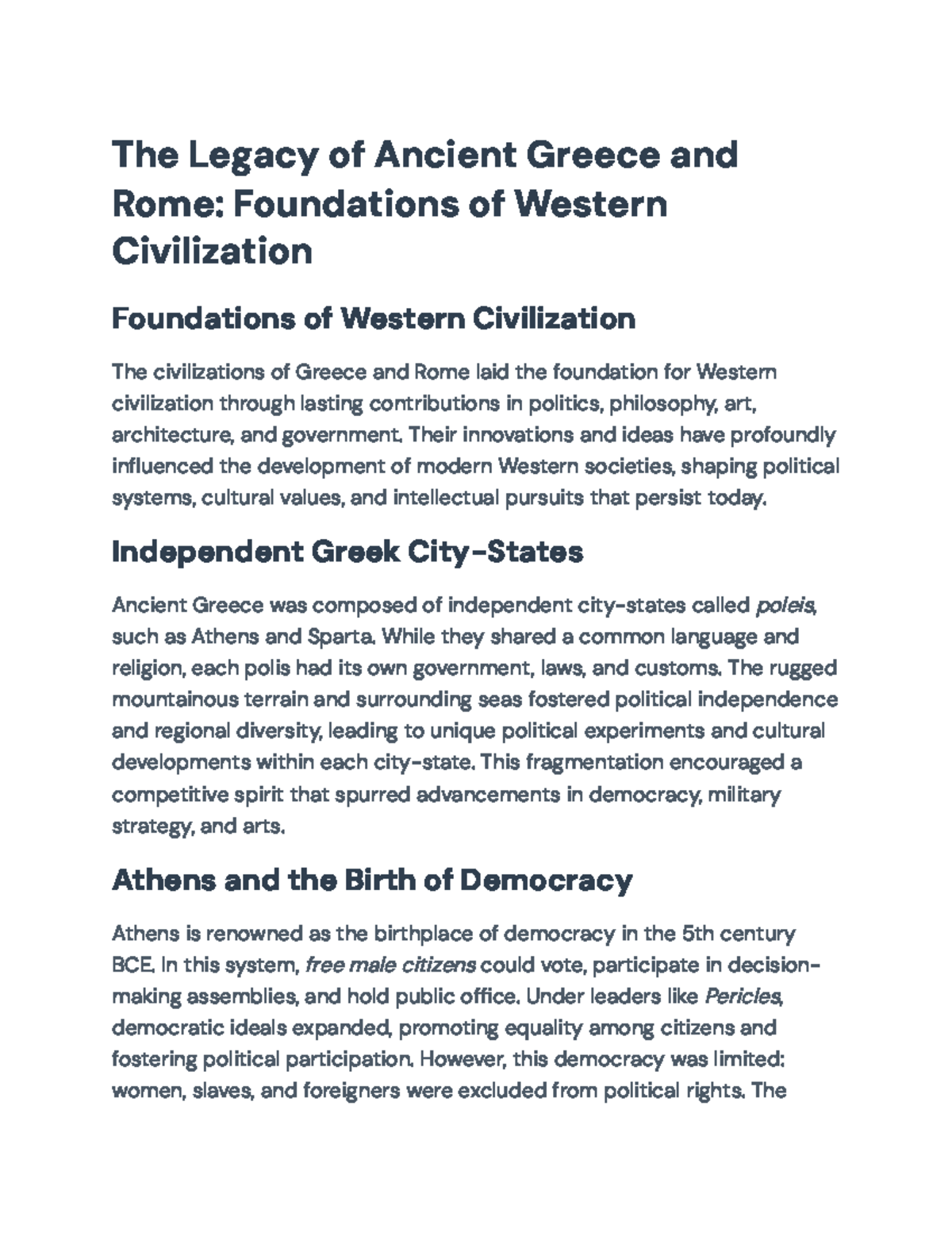 Foundations of Western Civilization: The Legacy of Greece & Rome - Studocu