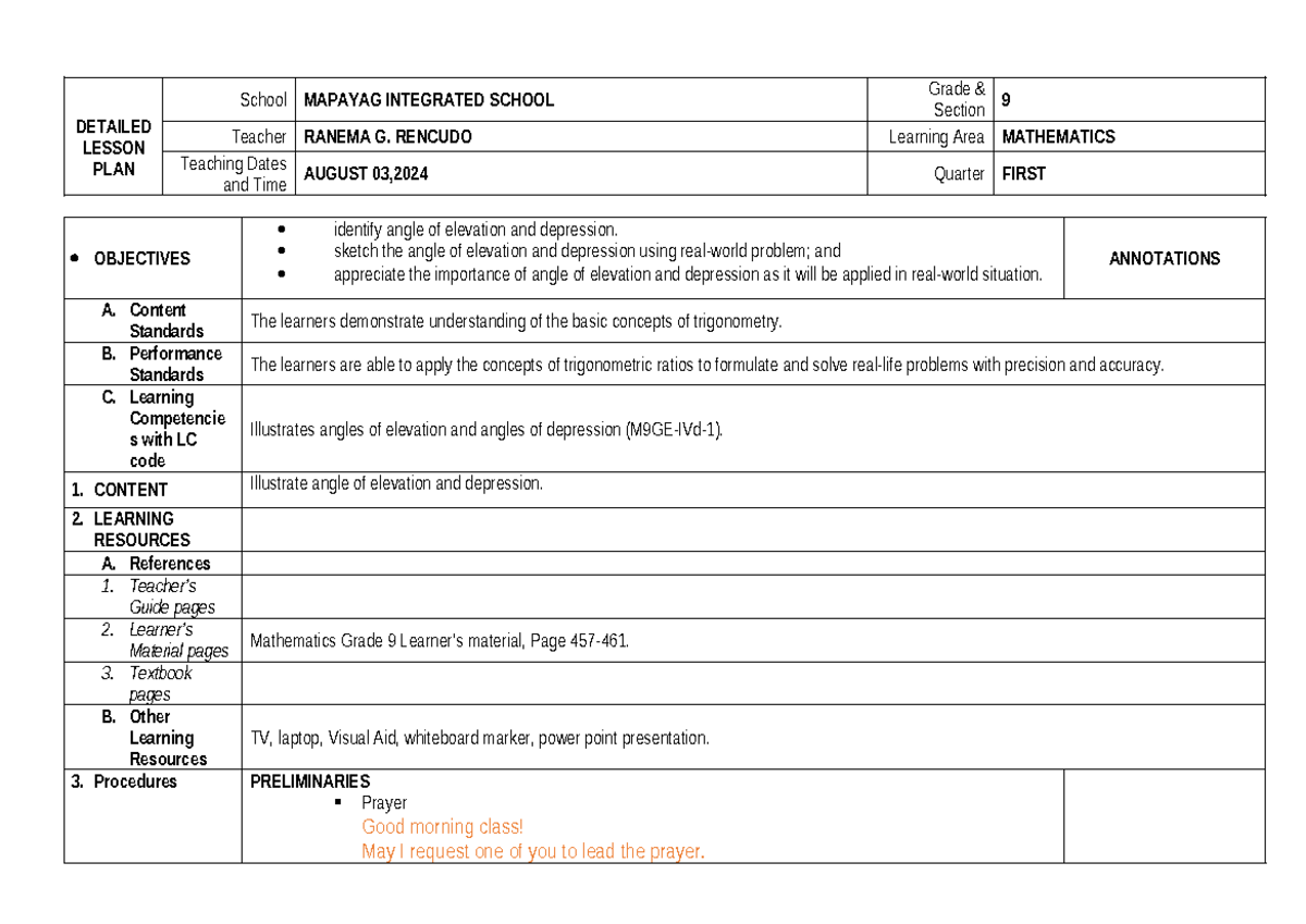 Lesson Plan on Angle of Elevation and Depression (M9GE-IVd-1) - Studocu