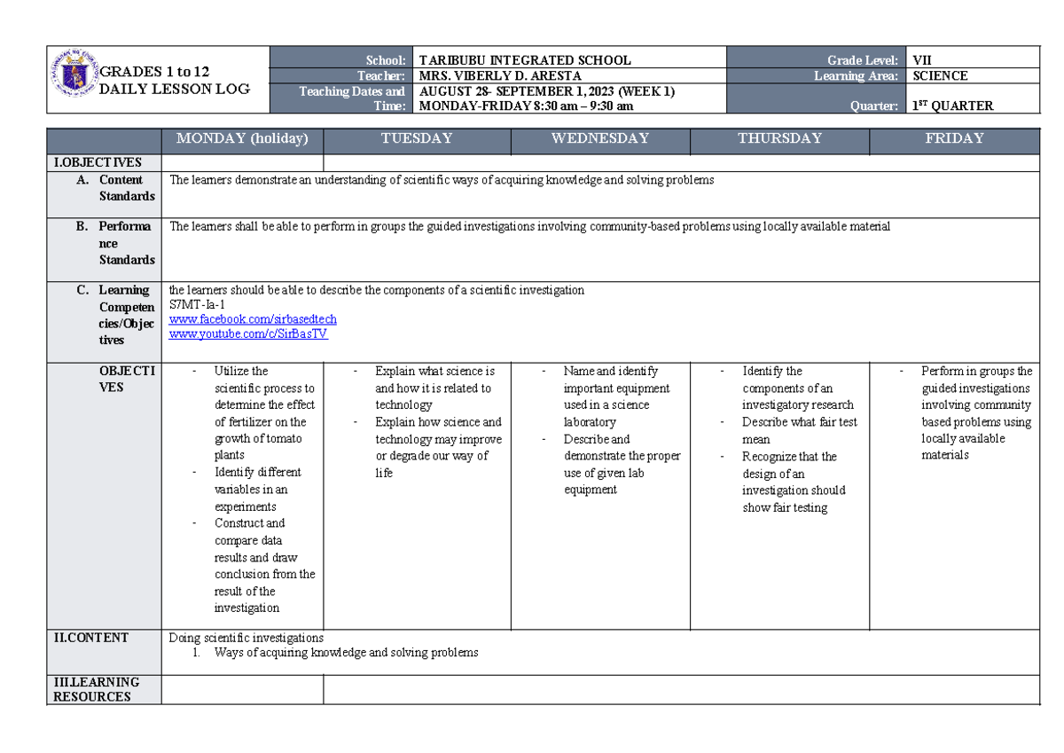 DLL Science 7 Q1 W1 - GRADES 1 to 12 DAILY LESSON LOG School: TARIBUBU ...