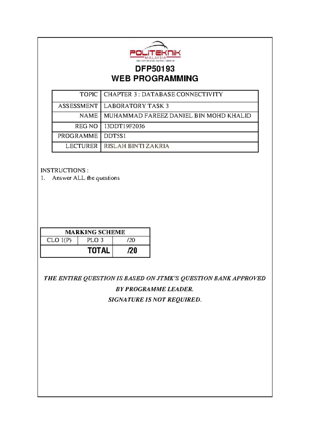 Laboratory Task 3: Database Connectivity - DFP50193 WEB PROG - Studocu