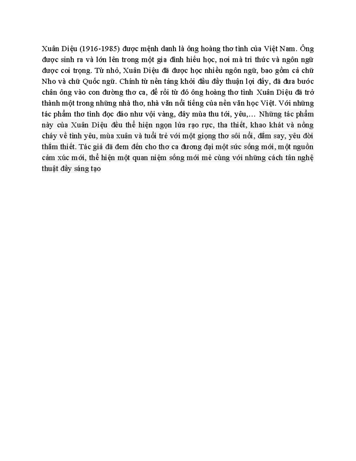 Xuân Diệu - Ông Hoàng Thơ Tình Việt Nam: Cuộc Đời và Tác Phẩm - Studocu