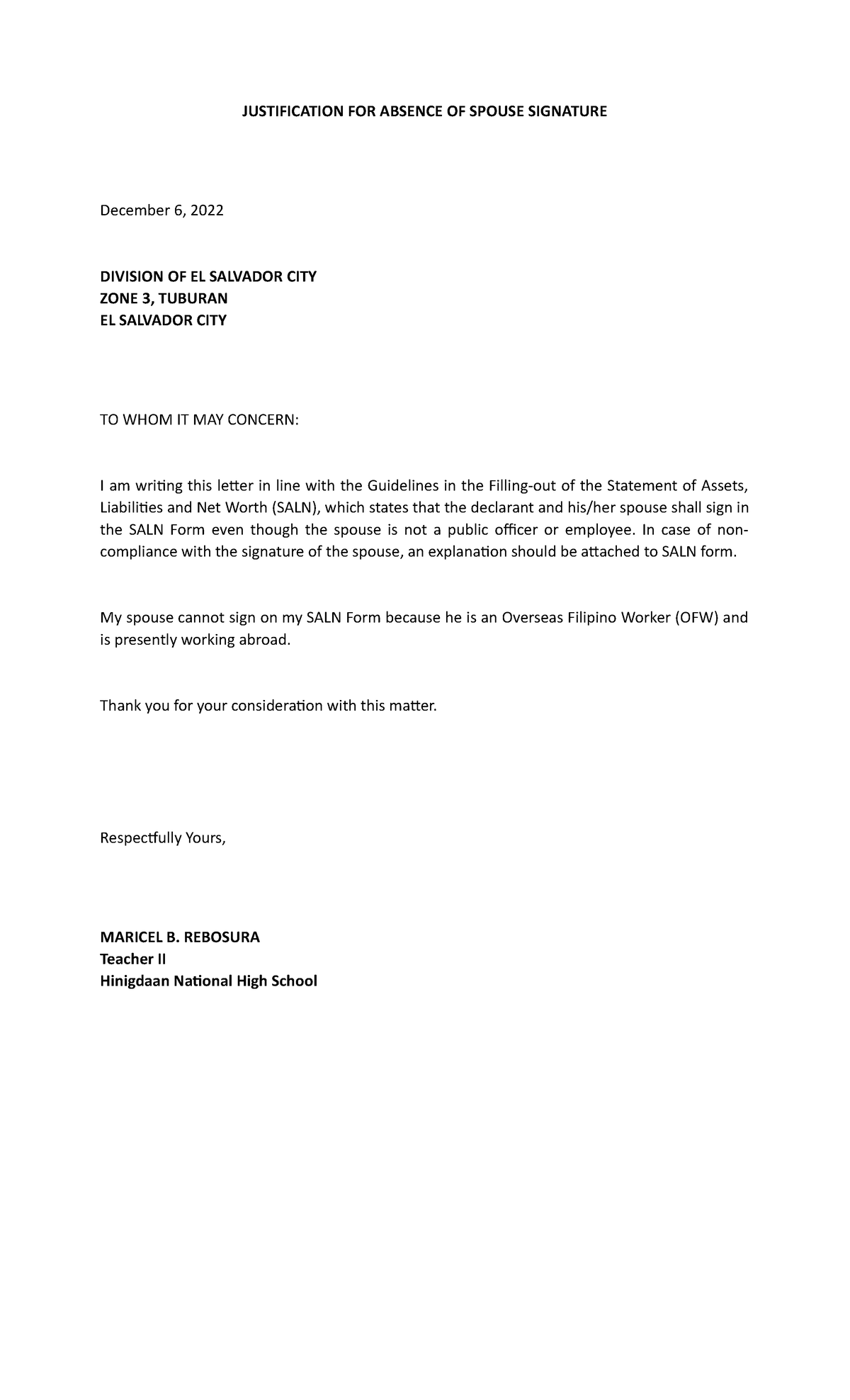 Justification for Absence of Spouse Signature - SALN Compliance Note ...