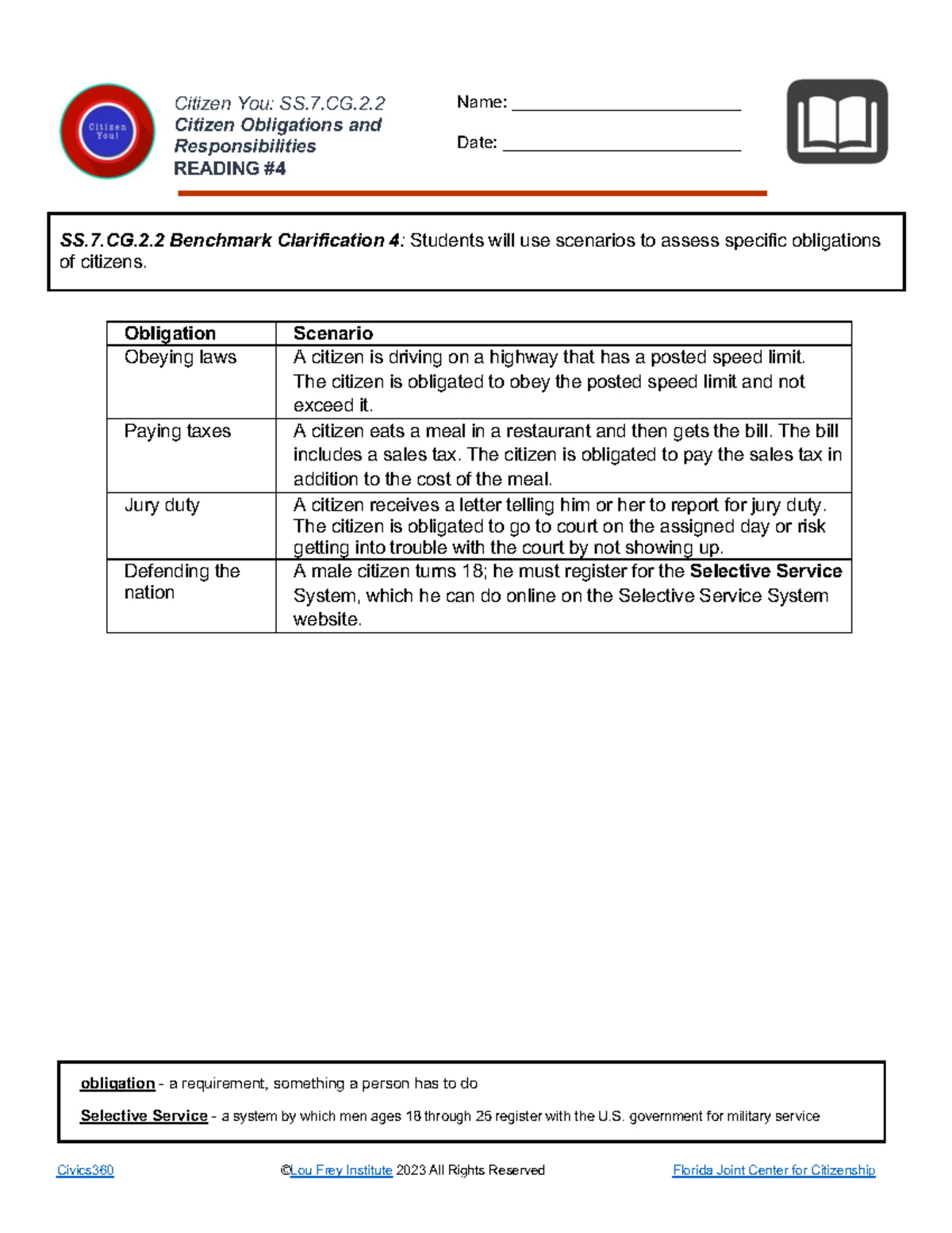 Citizen Obligations and Responsibilities - SS.7.CG.2.2 Reading Document ...