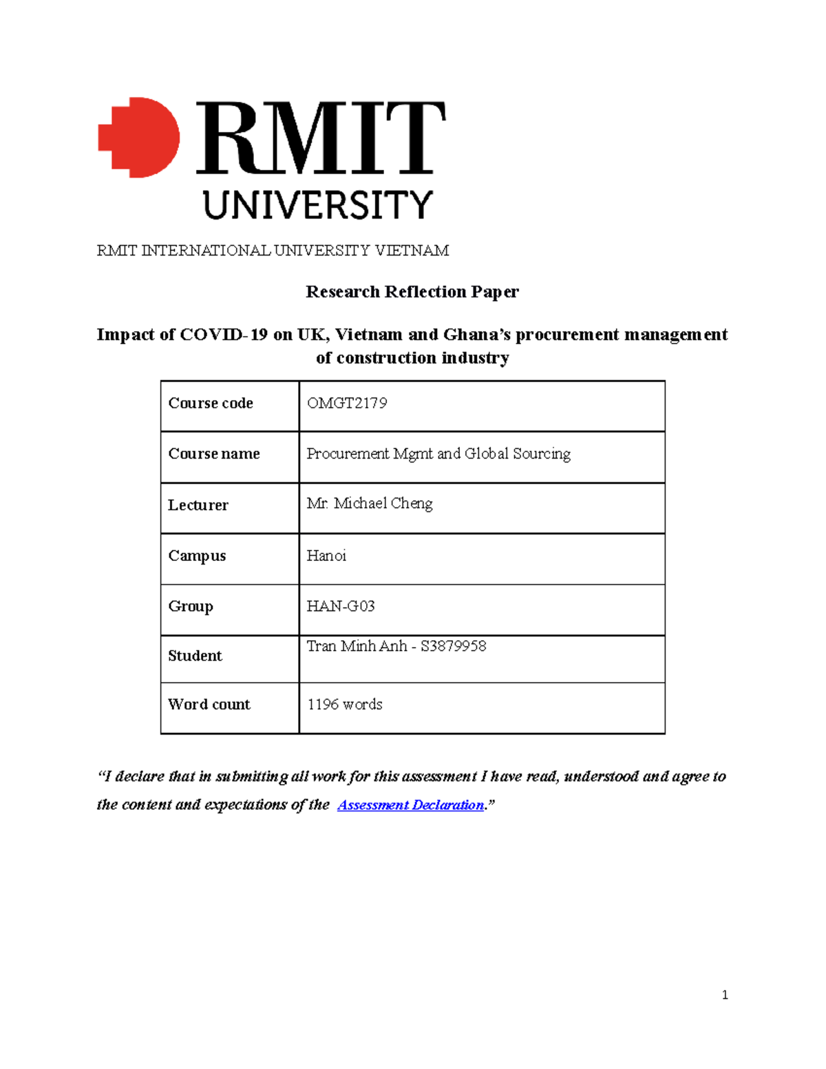Procurement Reflection Paper Asm 3 - RMIT INTERNATIONAL UNIVERSITY ...