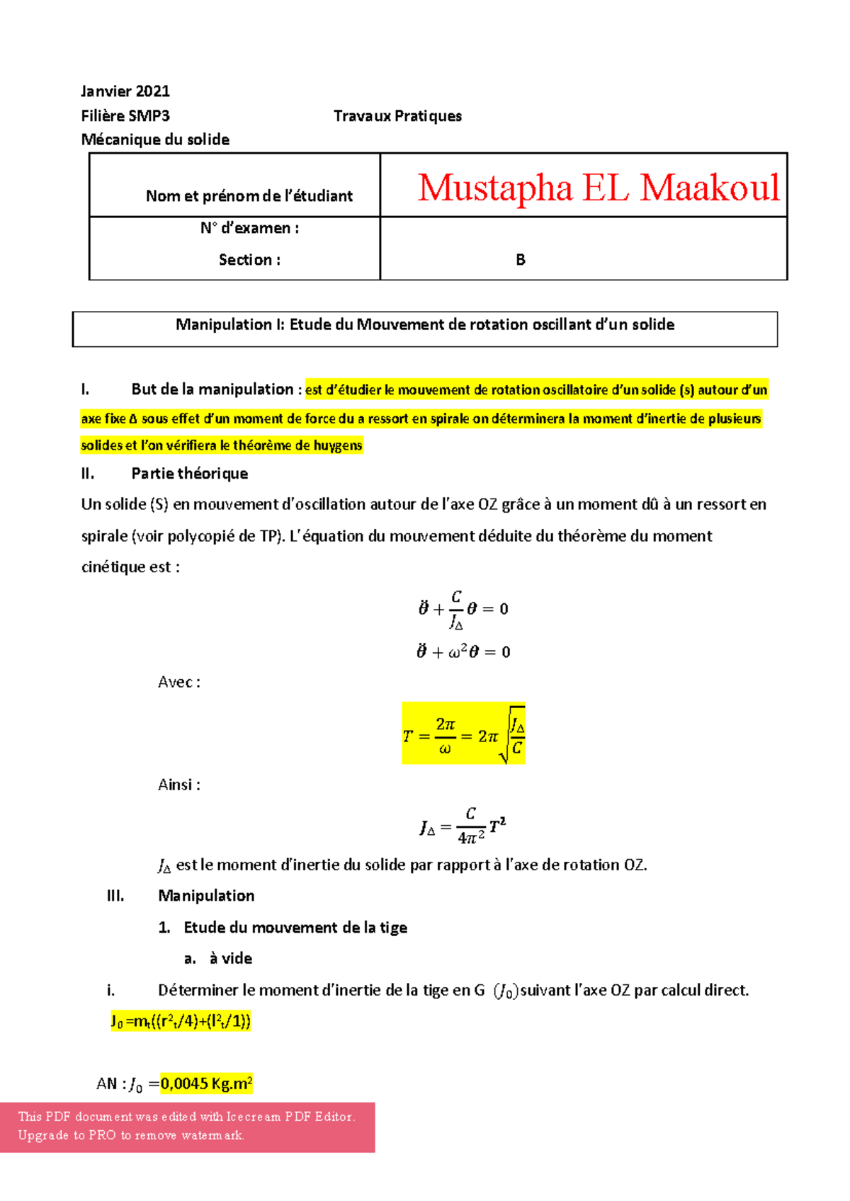 TP1 Mecanique DE Solide - Janvier 2021 Filière SMP3 Travaux Pratiques Mécanique du solide Nom et ...
