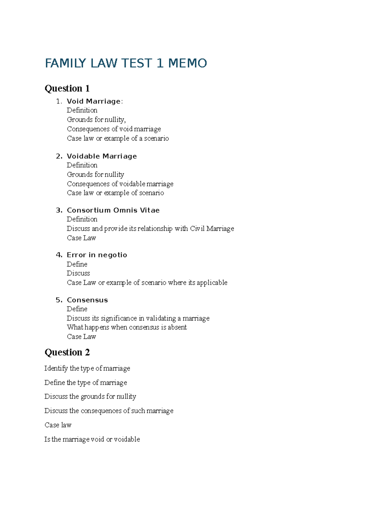 Family Law Test 1 Memo: Key Concepts and Case Law Analysis - Studocu