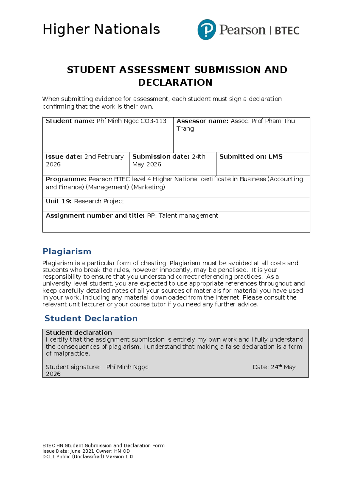 BTEC HN Unit 19 RP: Talent Management Submission & Declaration Form ...