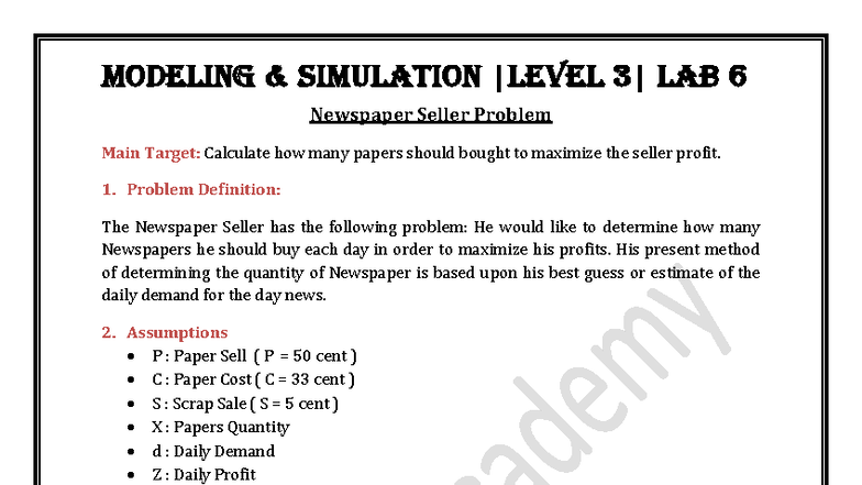 Modeling Simulation Lab 6: Optimizing Newspaper Seller Profit - Studocu