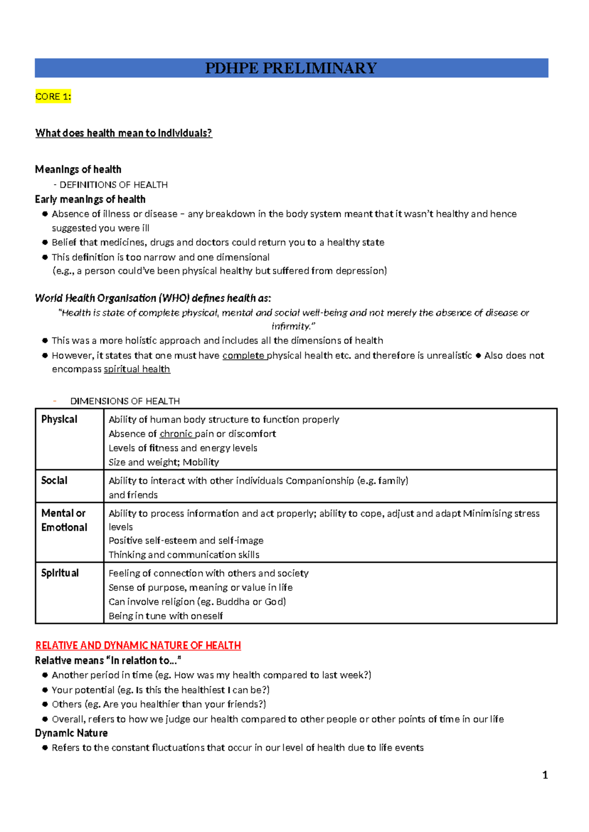 Pdhpe yearly notes - asdfasf - PDHPE PRELIMINARY CORE 1: What does ...