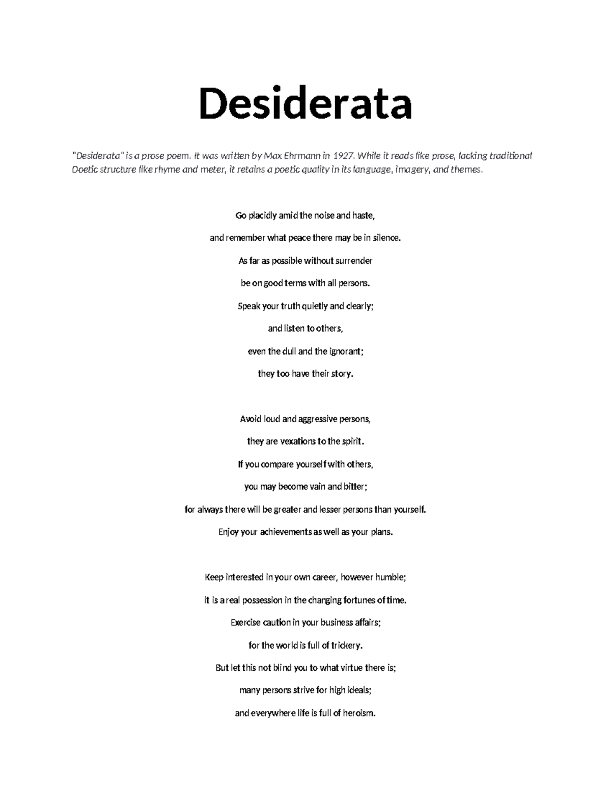 Desiderata Analysis - Prose Poem Insights - Studocu