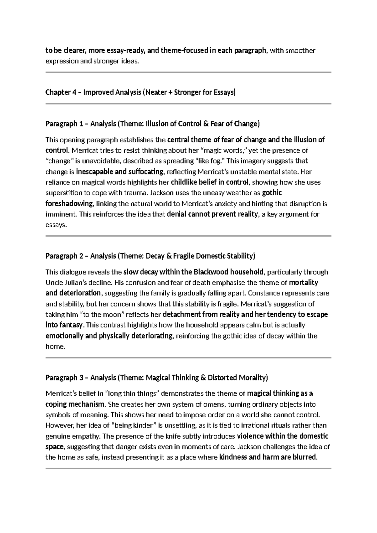 Chapter 4 Analysis Notes - WE HAVE ALWAYS LIVED IN THE CASTLE - Studocu