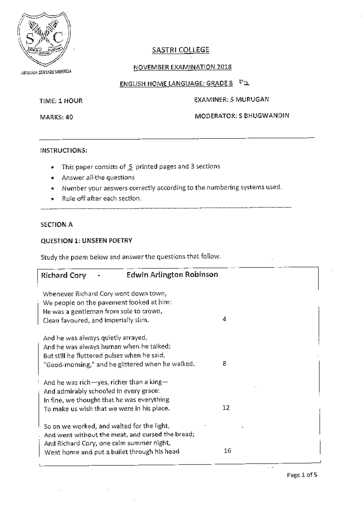 English HL P2 Nov 2018 Exam: Richard Cory & Poetry Analysis - Studocu