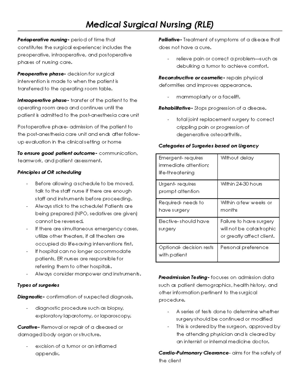 Medical Surgical Nursing - RLE Perioperative Care Overview - Studocu