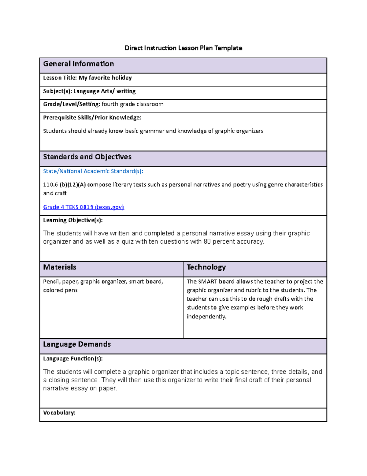 4th Grade Language Arts: My Favorite Holiday Writing Lesson Plan - Studocu